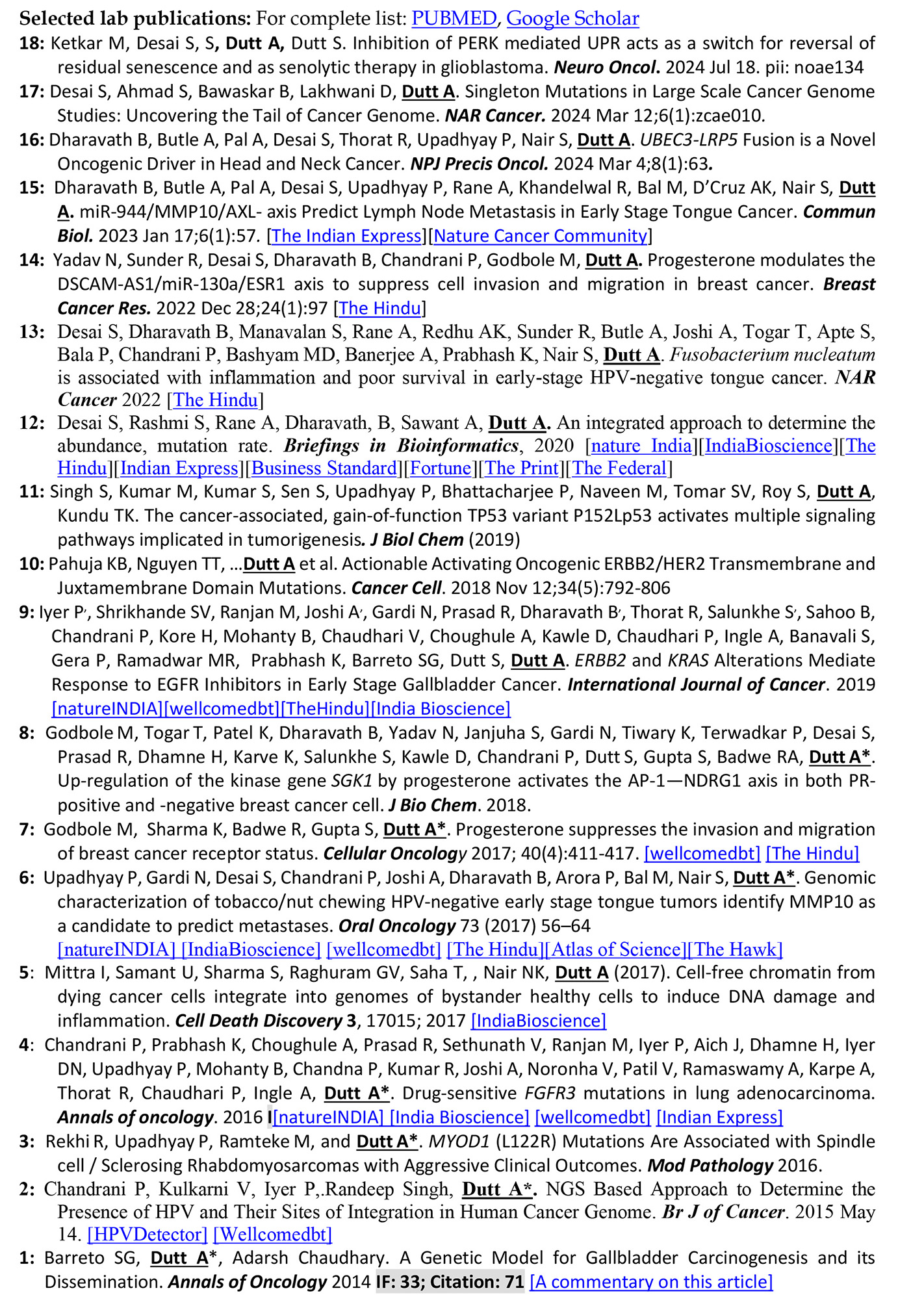 Department of Genetics – Integrated Cancer Genomics Group-Prof. Amit Dutt